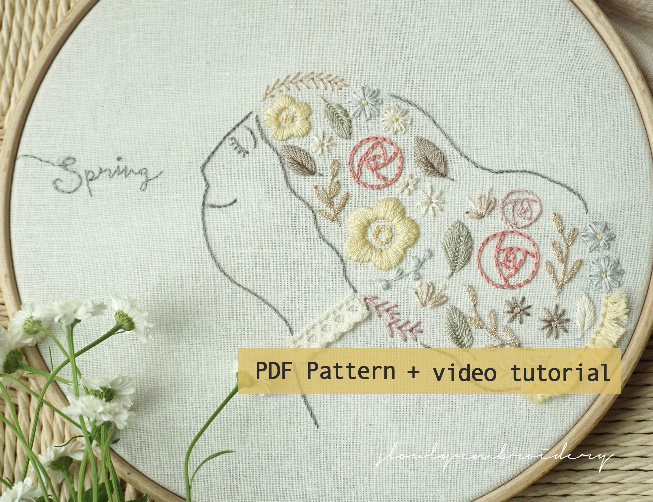 Spring Flower Embroidery Pattern, PDF Pattern, Video Tutorial, Floral ...