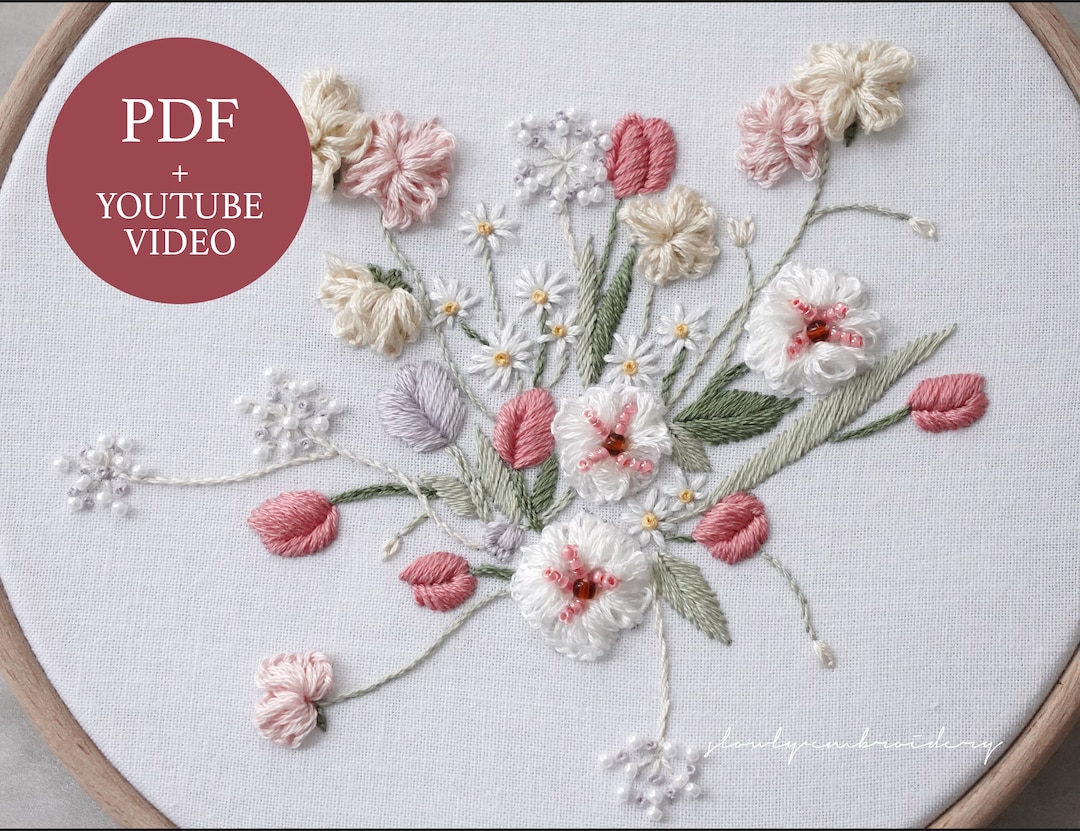 A Pinkish Bouquet | Hand Embroidery PDF Pattern + Youtube Tutorial - Etsy