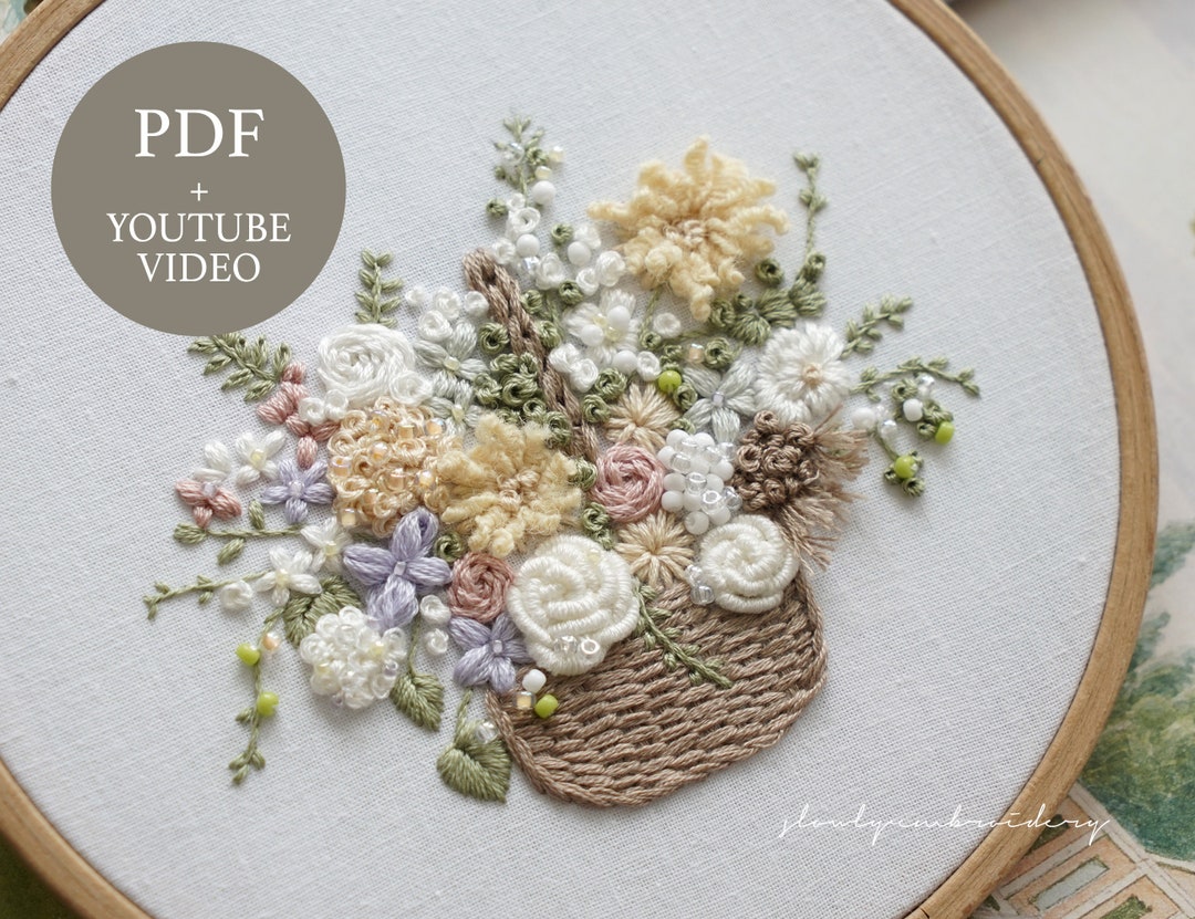 Floral Basket Hand Embroidery Pattern. Beginner-friendly, Instant PDF ...