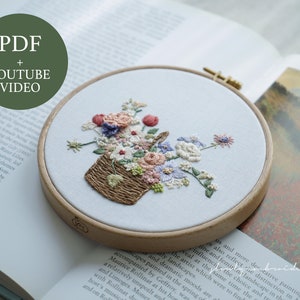 Flower Basket Embroidery Pattern + Video Tutorial, Hand Embroidery PDF ...
