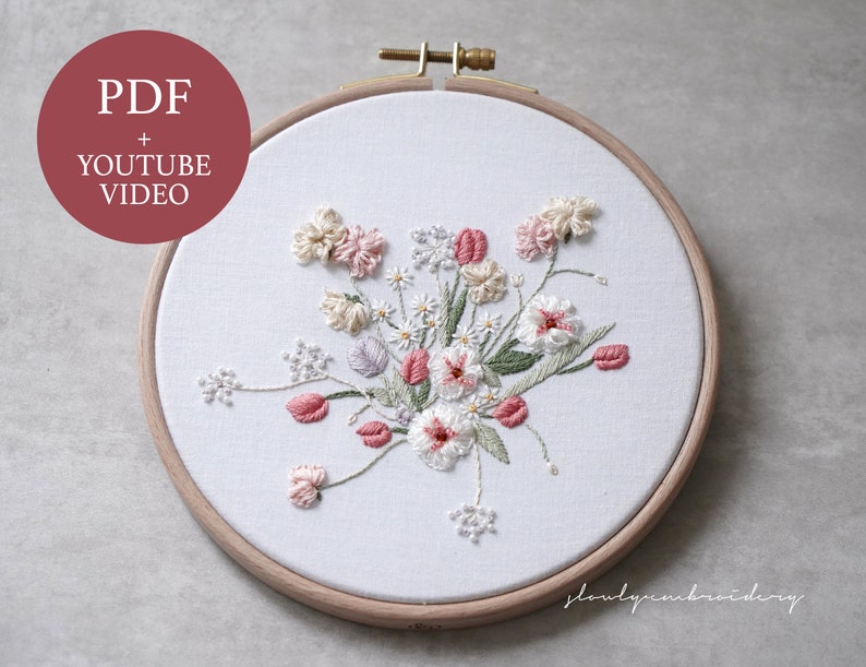 A Pinkish Bouquet | Hand Embroidery PDF Pattern + Youtube Tutorial - Etsy