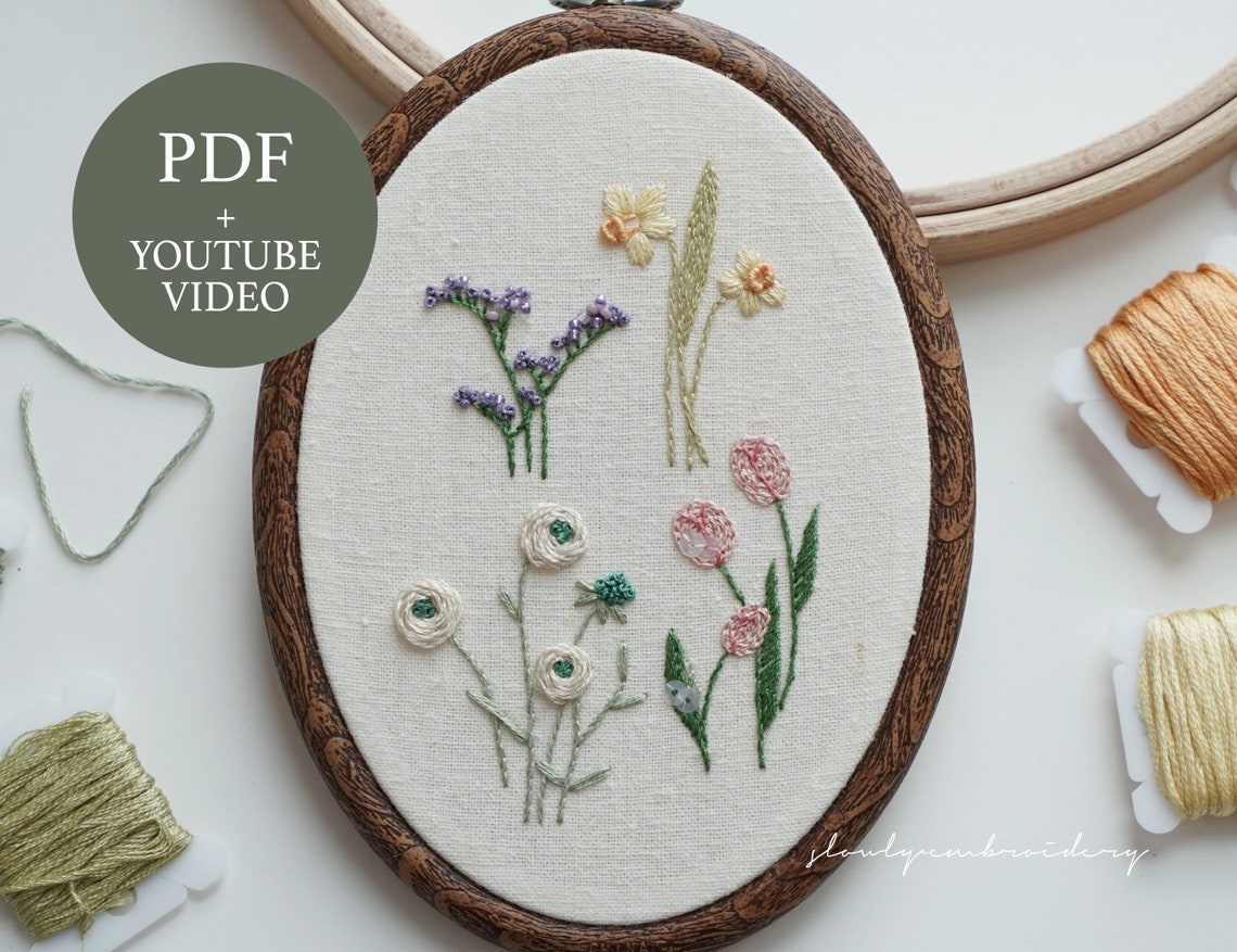 Floral Embroidery Pattern PDF, 4 Flower Designs With Video Tutorial for ...