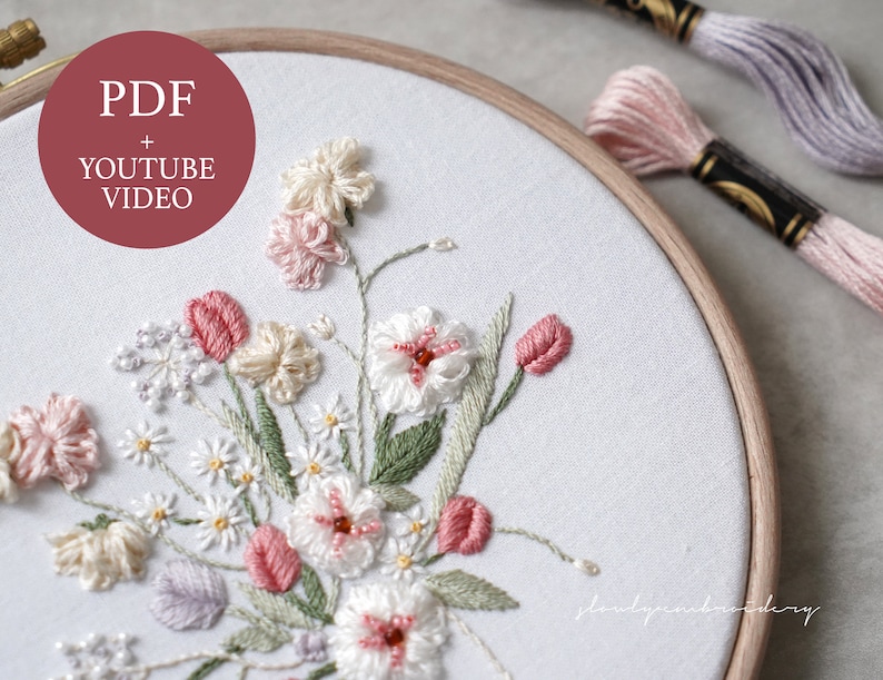 A Pinkish Bouquet | Hand Embroidery PDF Pattern + Youtube Tutorial - Etsy