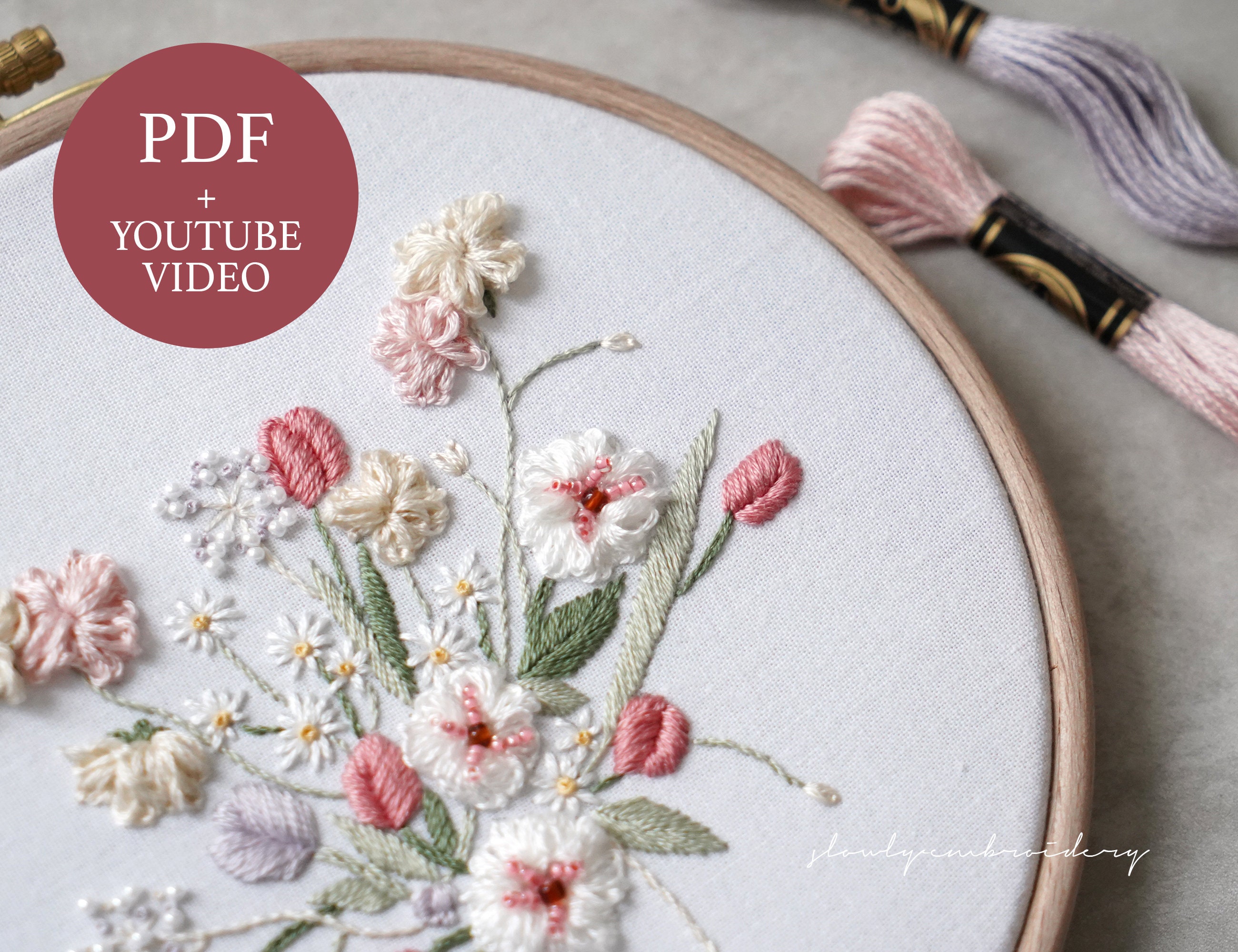 A Pinkish Bouquet | Hand Embroidery PDF Pattern + Youtube Tutorial - Etsy