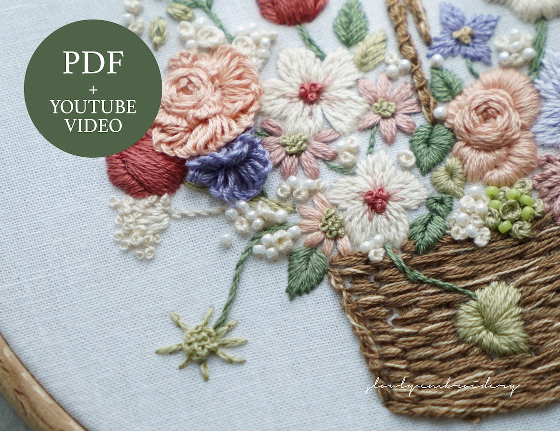 Flower Basket Embroidery Pattern + Video Tutorial, Hand Embroidery PDF ...