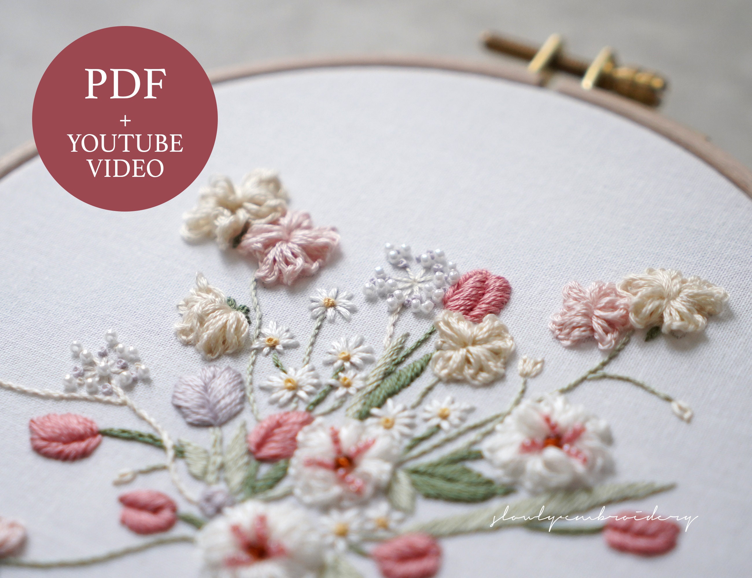 A Pinkish Bouquet | Hand Embroidery PDF Pattern + Youtube Tutorial - Etsy