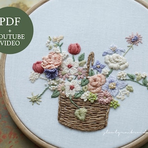 Flower Basket Embroidery Pattern + Video Tutorial, Hand Embroidery PDF ...