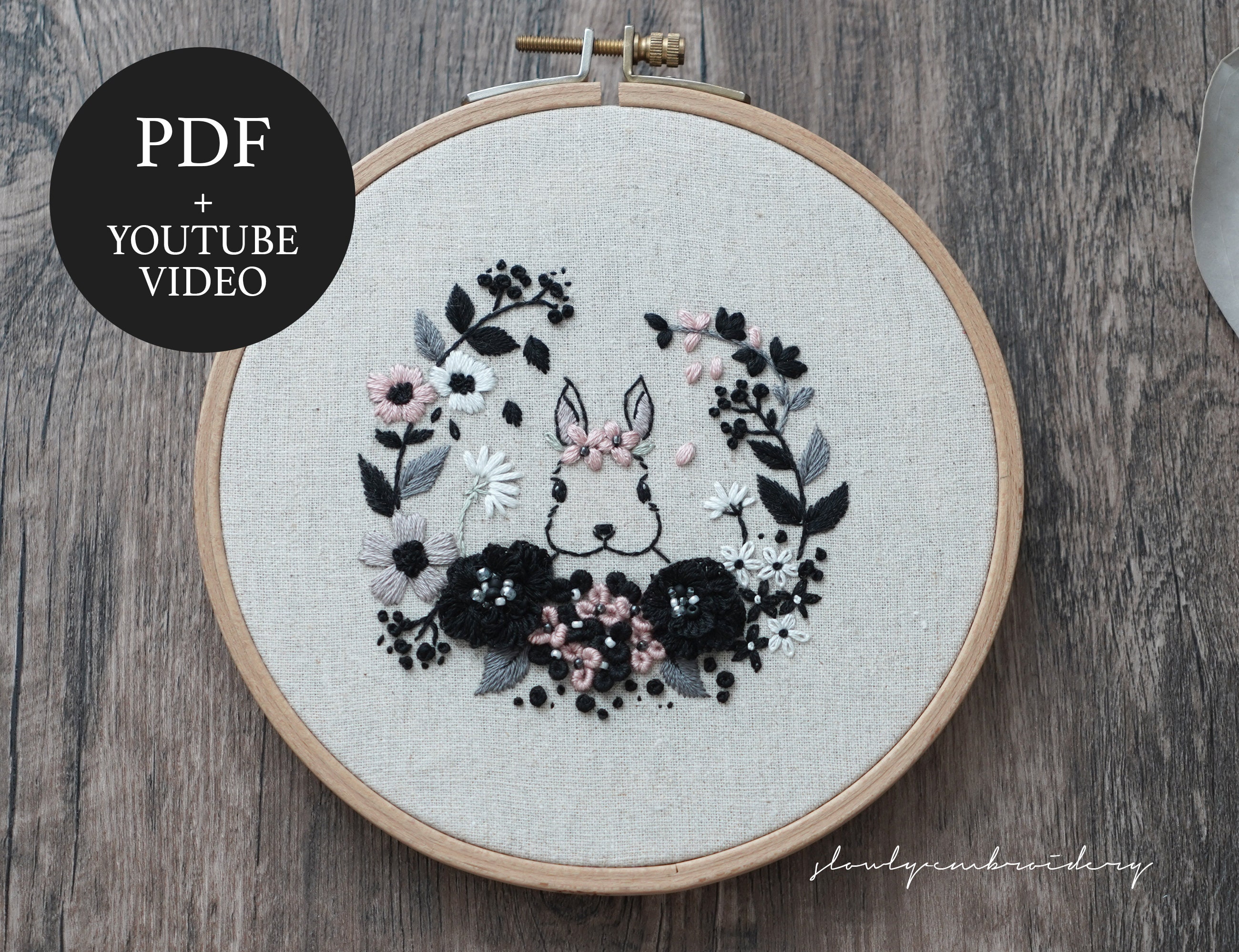 Black Rabbit Hand Embroidery PDF Pattern + Video Tutorial | Floral ...