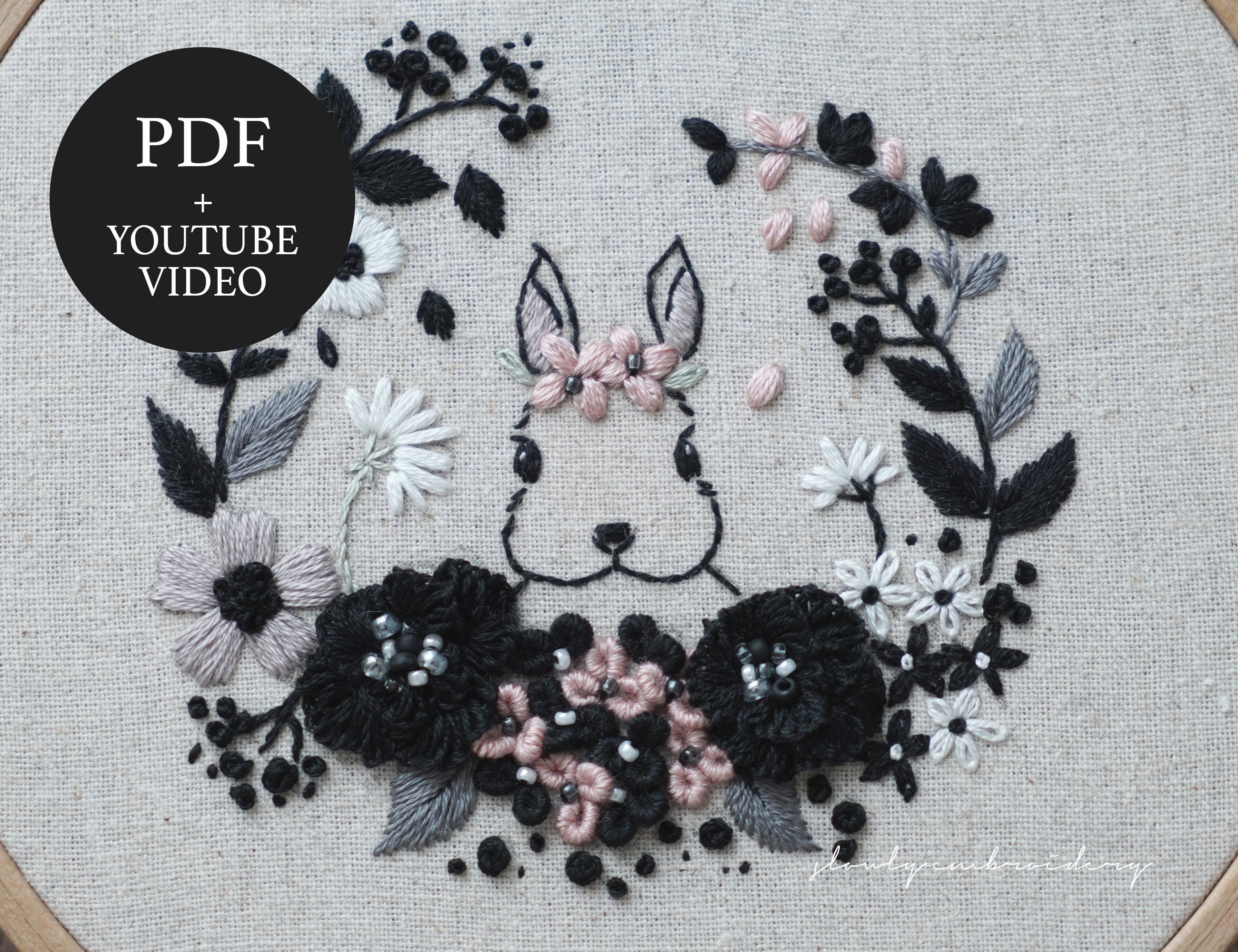 Black Rabbit Hand Embroidery PDF Pattern + Video Tutorial | Floral ...