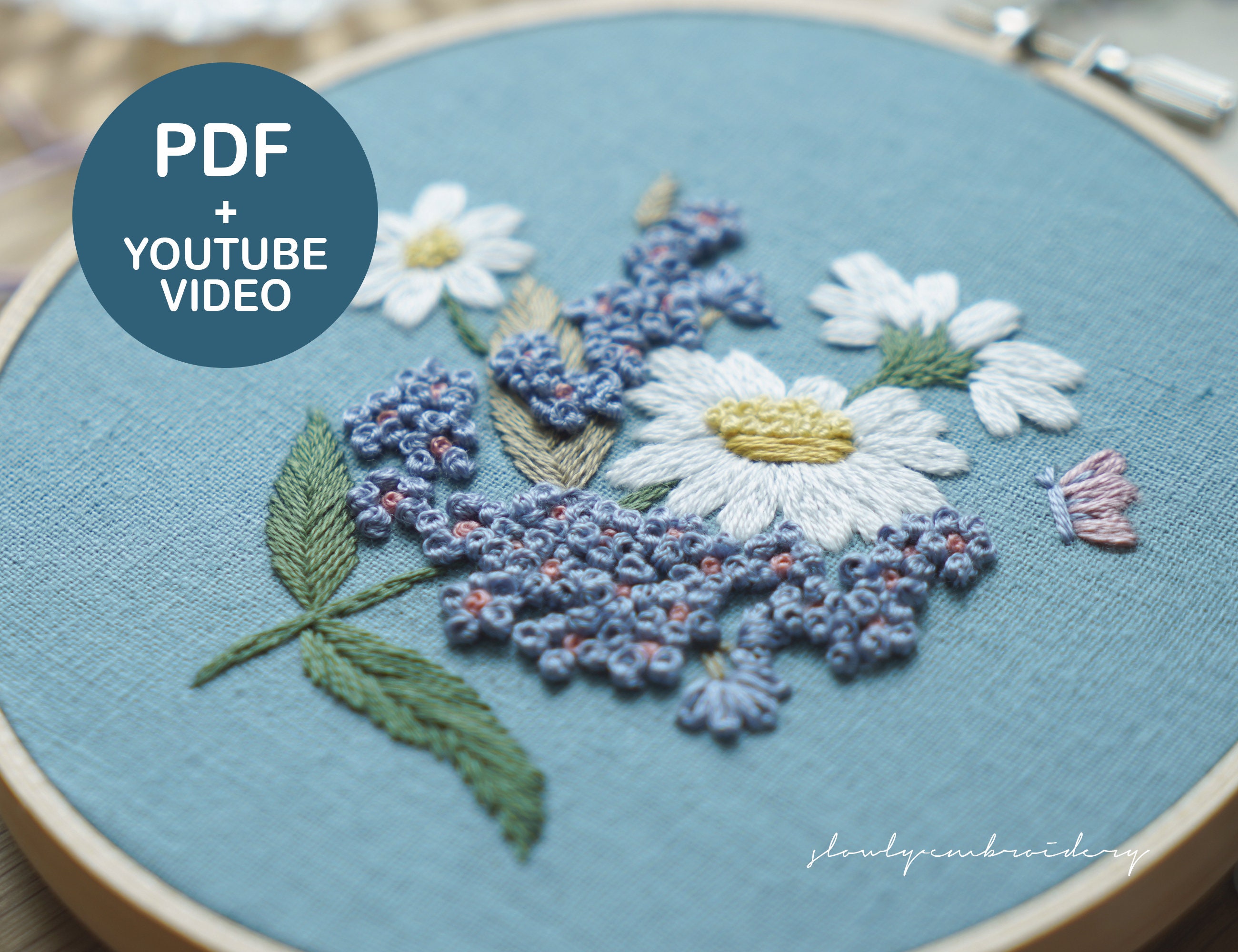 Embroidery PDF Pattern, Vintage Flower Hand Embroidery, Video Tutorial ...