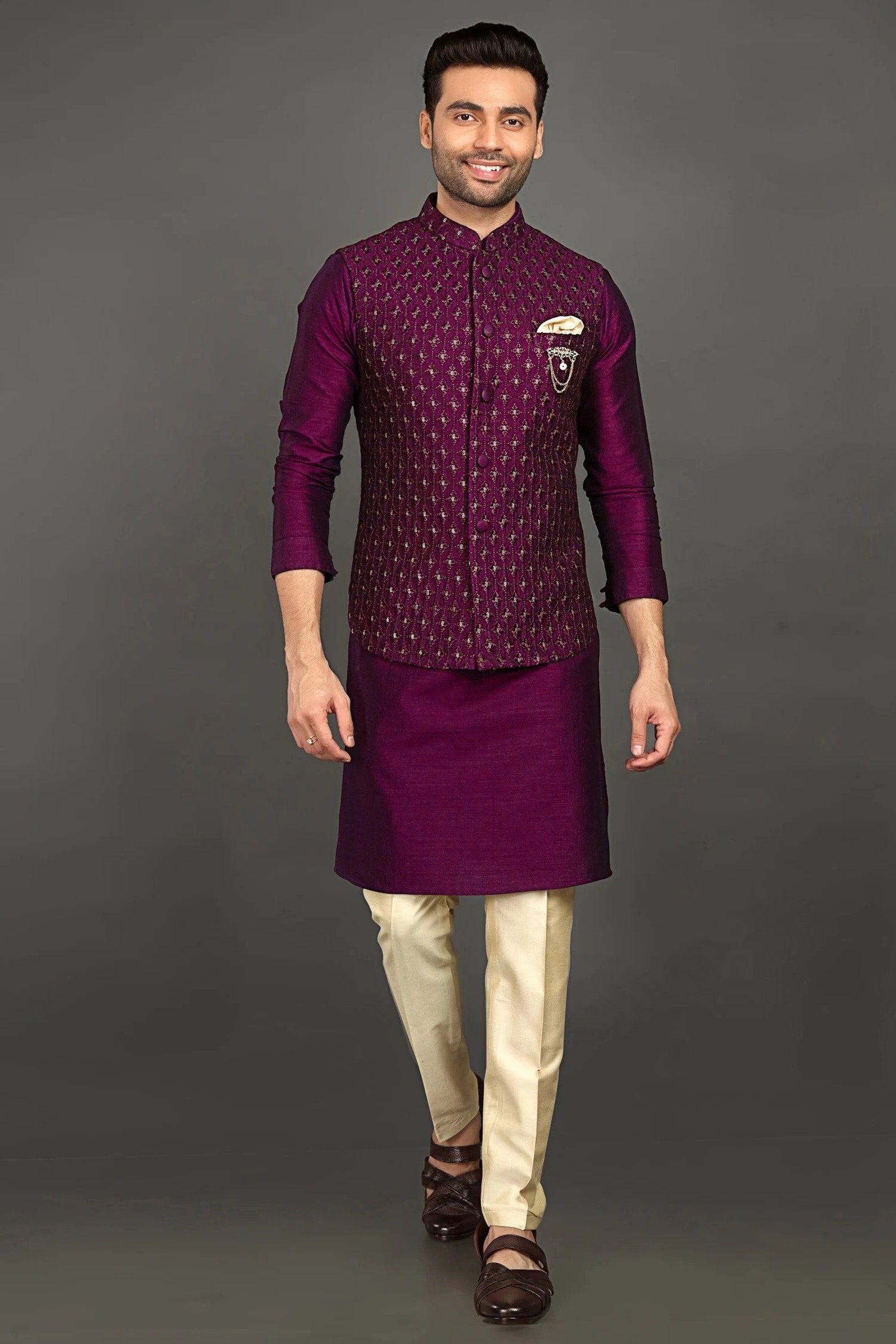 Purple Color Handmade Silk Fabric Mens Kurta Set With - Etsy
