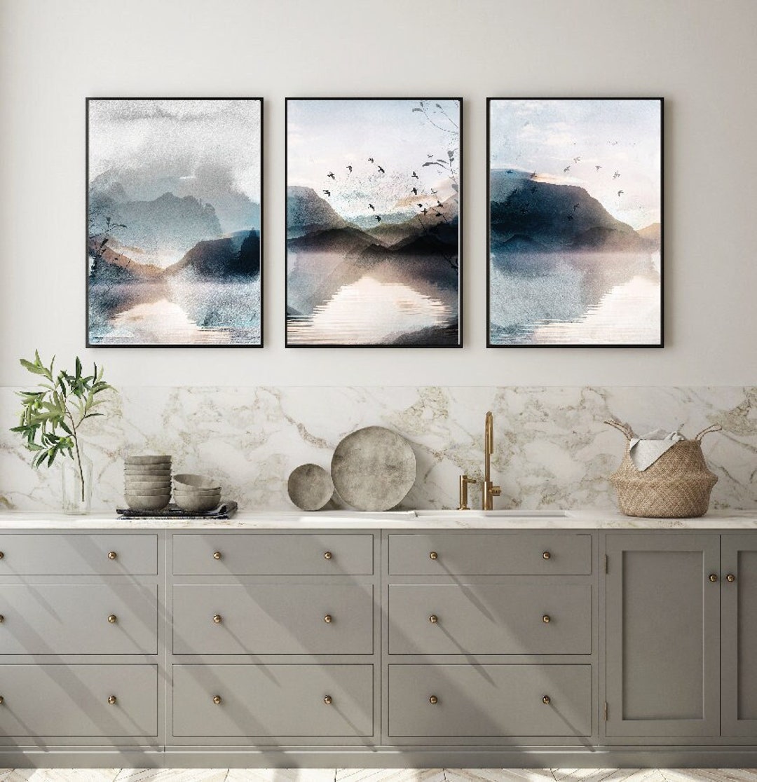 Watercolour Landscape Prints, Blue Lounge Prints, Navy Blue Bedroom ...