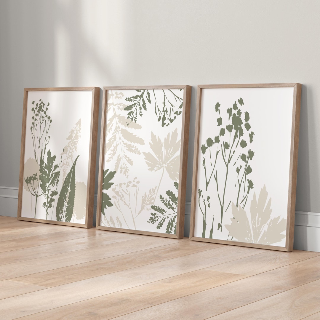 Botanical Prints Set: Green and Cream Floral Wall Art - Etsy UK