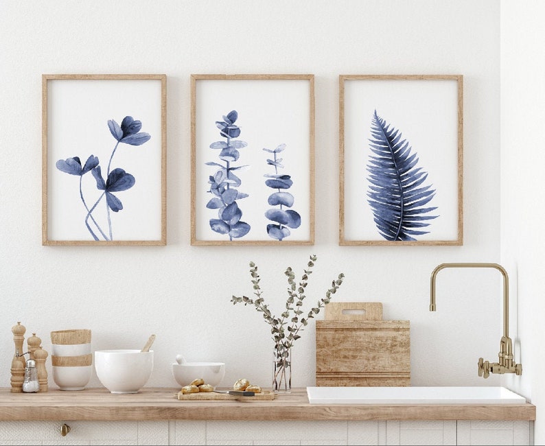 Navy Blue Clover Eucalyptus and Fern Poster/prints Set of 3 | Etsy