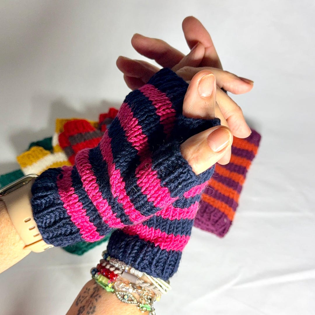 Hand Knitted Merino Wool Fingerless Mitts, Striped Wrist Warmers - Etsy