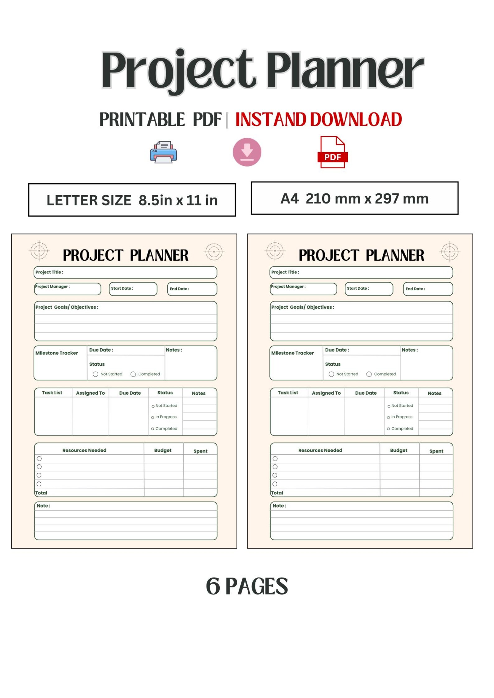 Project Planner Printable Template, Project Planning A4, Project ...