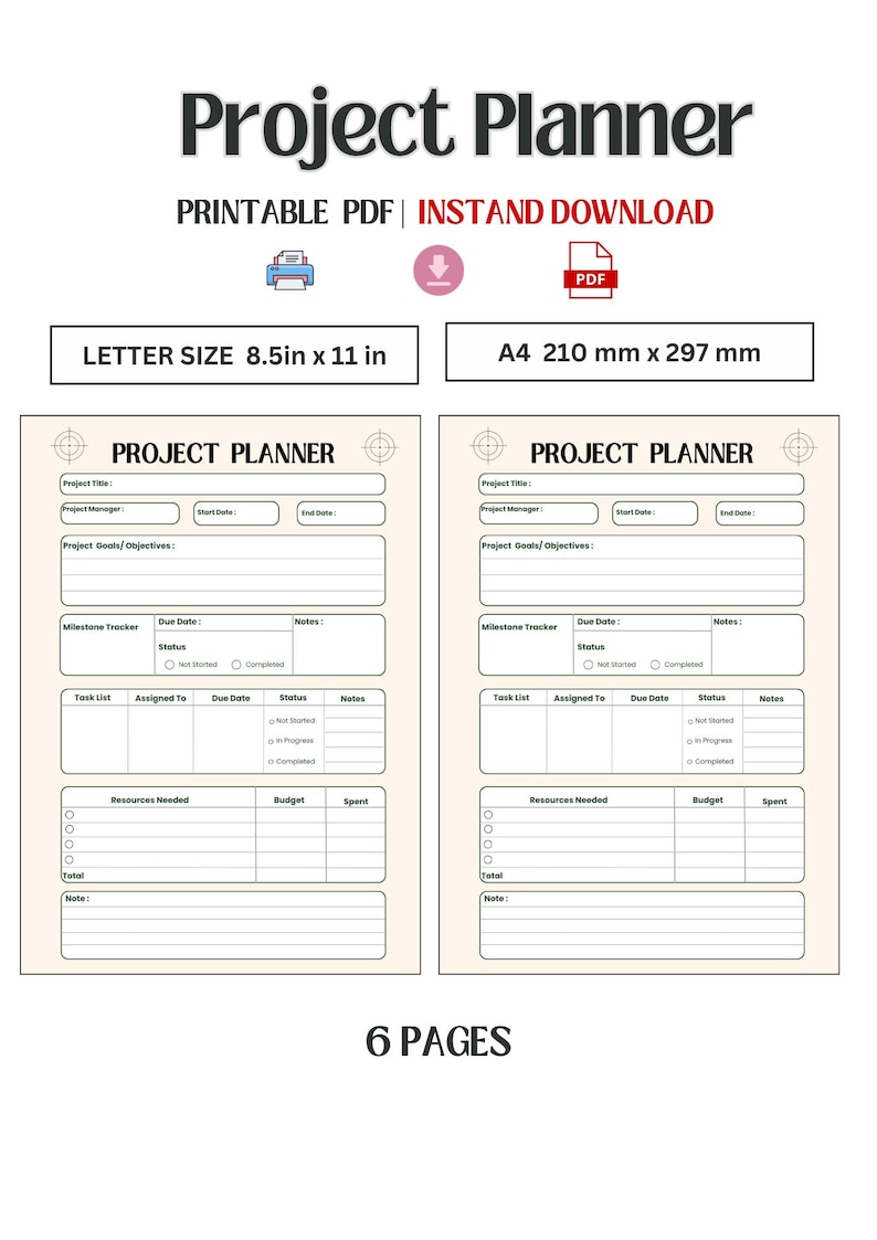 Project Planner Printable Template, Project Planning A4, Project ...