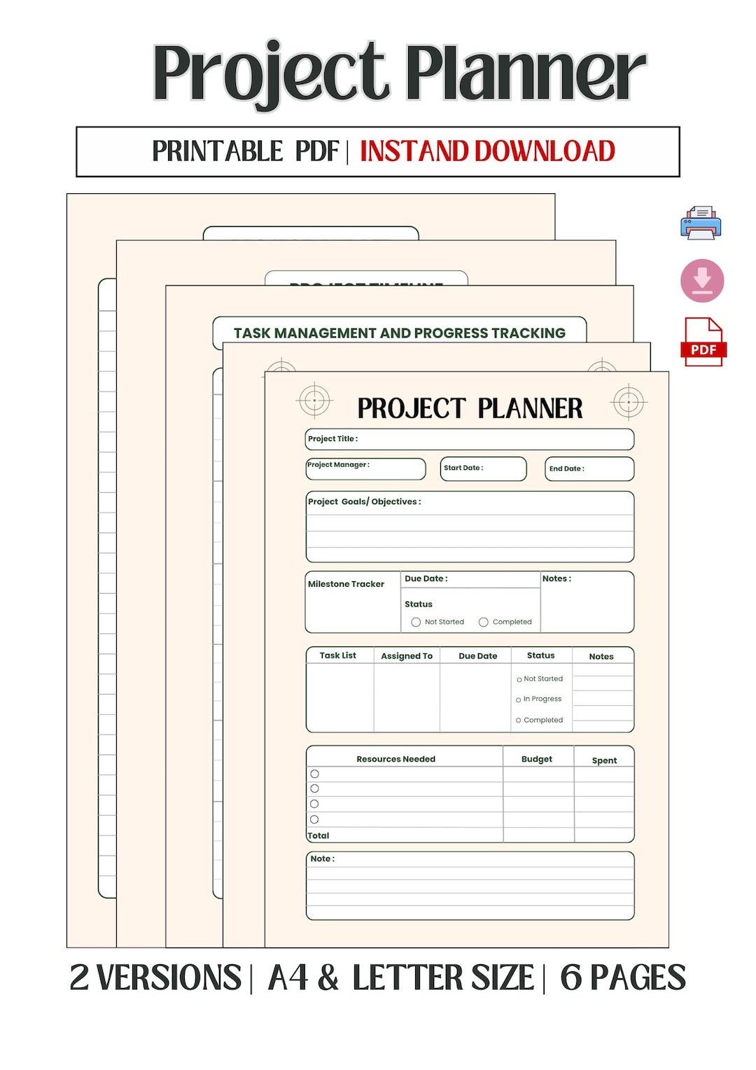 Project Planner Printable Template, Project Planning A4, Project ...