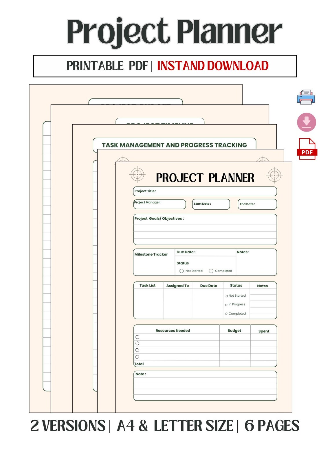 Project Planner Printable Template, Project Planning A4, Project ...