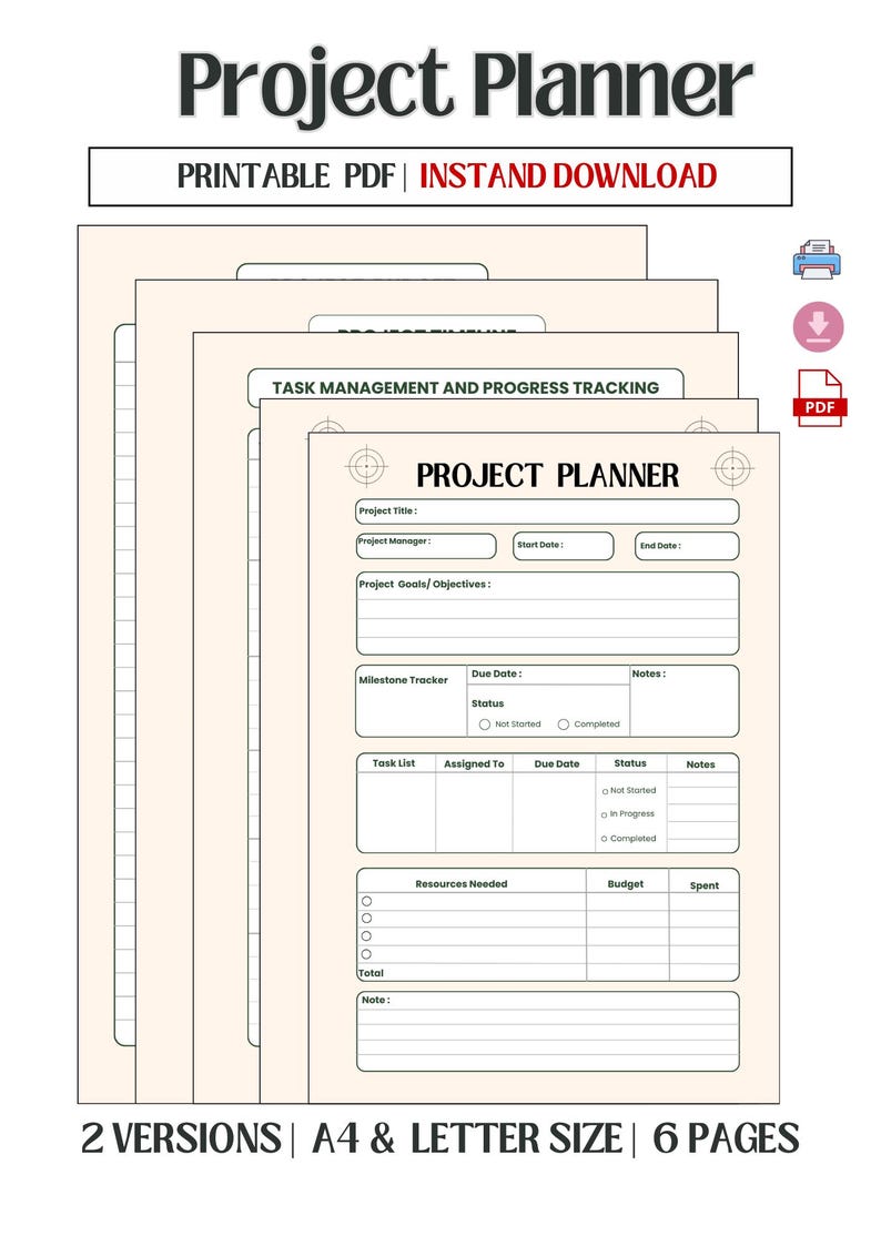 Project Planner Printable Template, Project Planning A4, Project ...