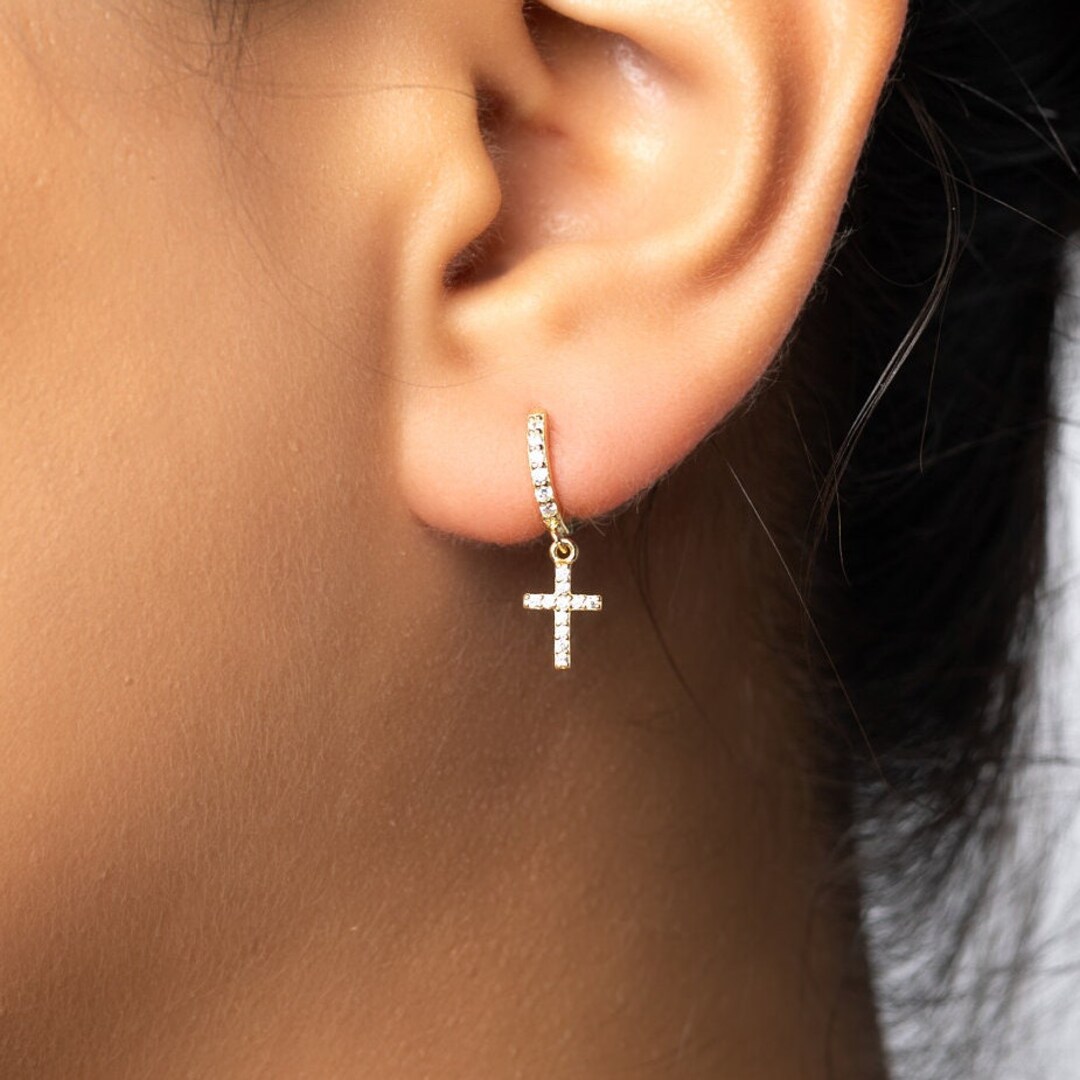 Cross Drop Pavé Diamond Huggie Hoops Gold Hoop Earrings Perfect Simple Earrings for Her ...