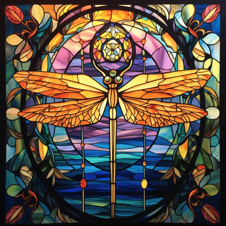 16 Stained Glass Dragonfly Patterns: Colorful Sublimation Art (digital ...