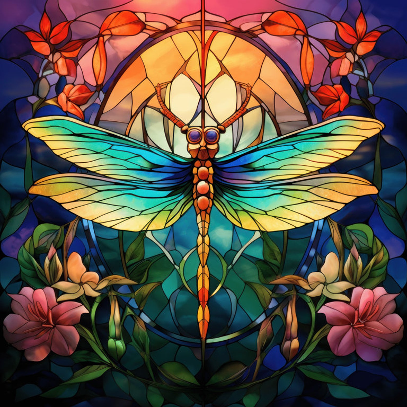 16 Stained Glass Dragonfly Patterns: Colorful Sublimation Art (digital ...