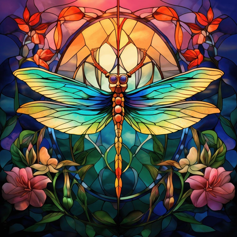 16 Stained Glass Dragonfly Patterns: Colorful Sublimation Art (digital ...