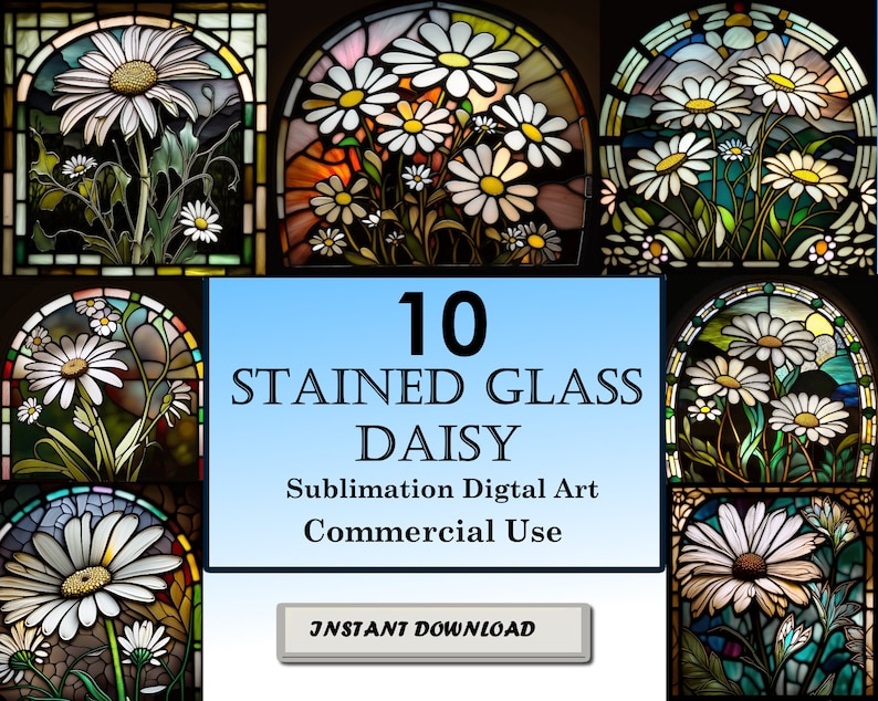 10 Colorful Daisy Stained Glass Patterns: Digital PNG Clip Art Bundle ...