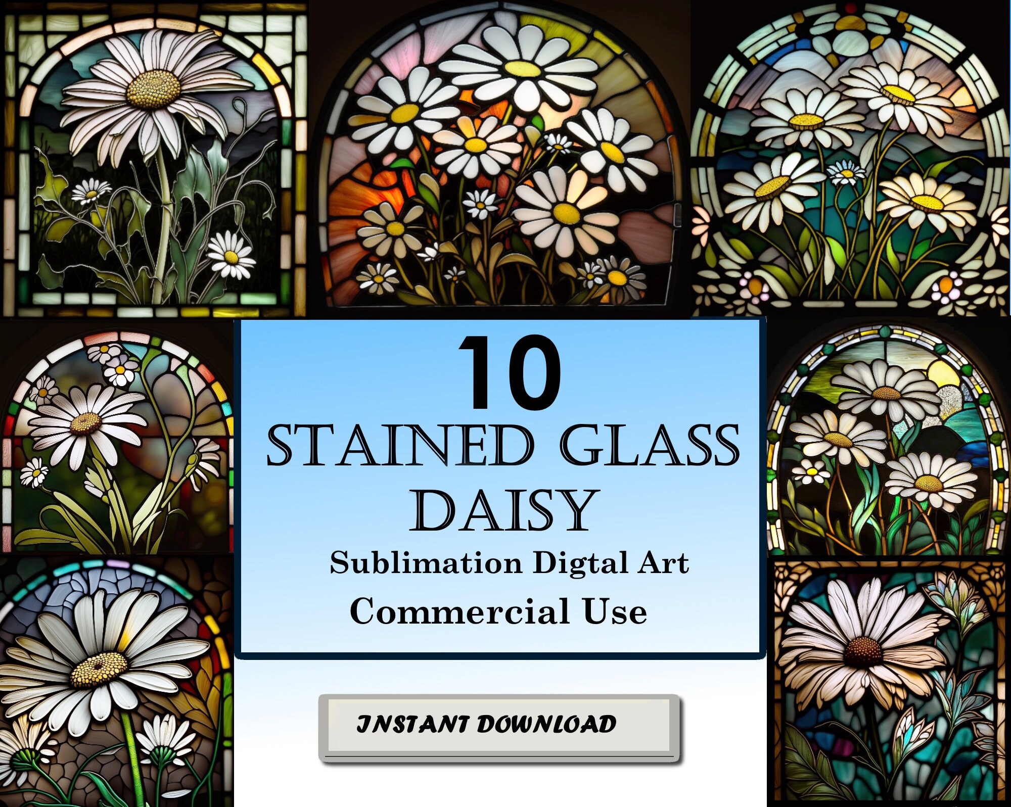 10 Colorful Daisy Stained Glass Patterns: Digital PNG Clip Art Bundle ...
