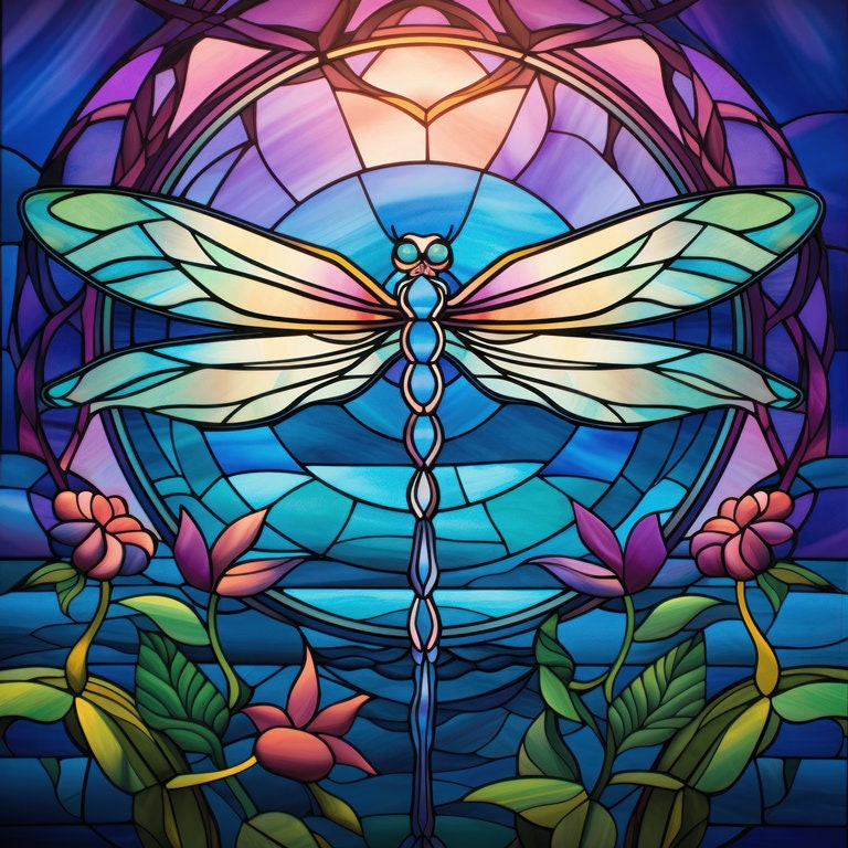 16 Stained Glass Dragonfly Patterns: Colorful Sublimation Art (digital ...