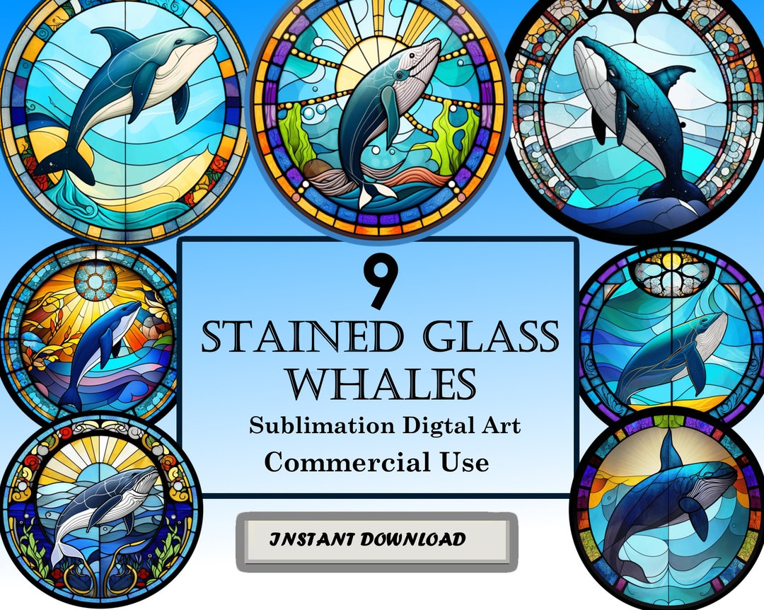9 Whales Stained Glass Pattern Sublimation Design, Printable Digital ...