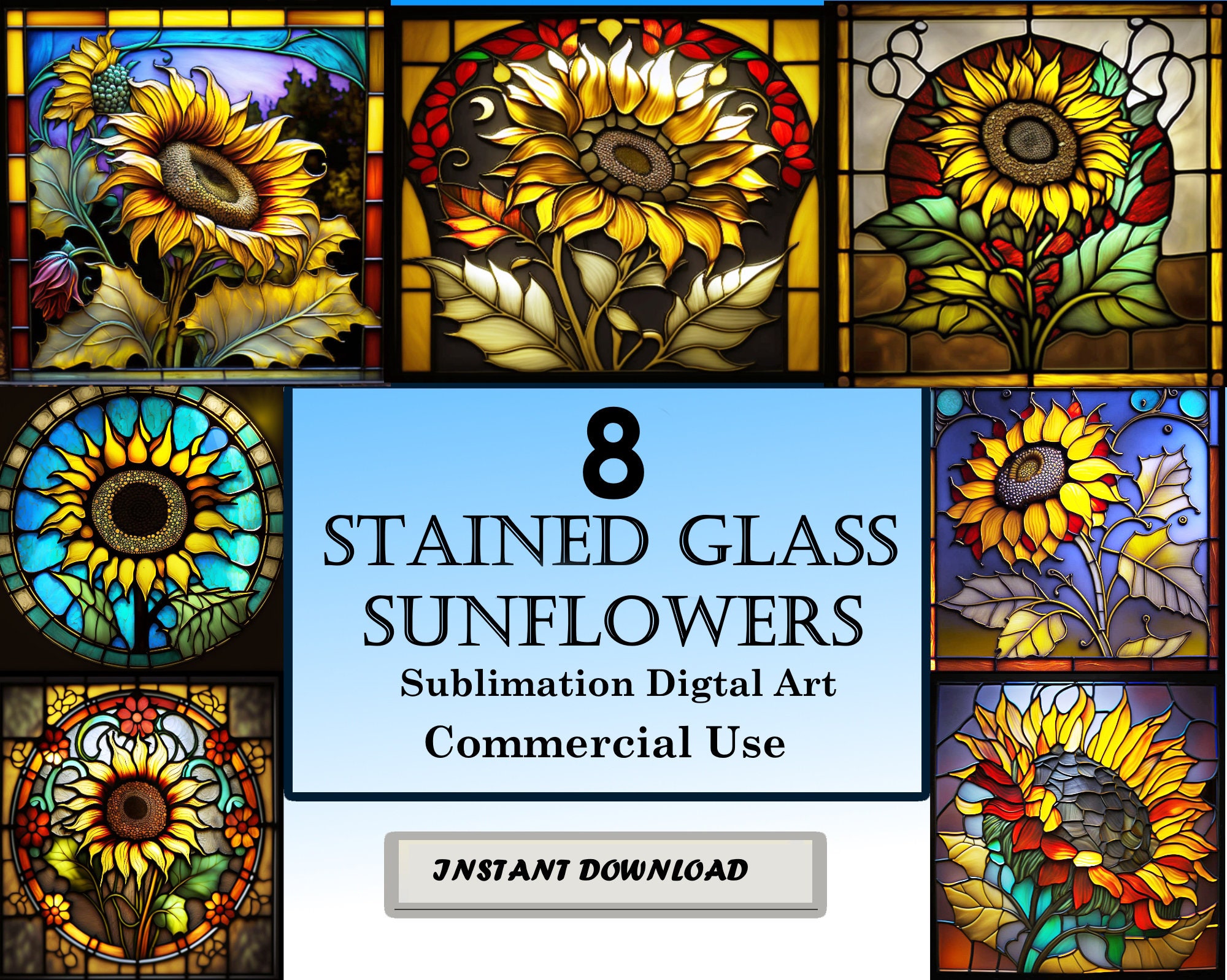 8 Sunflower Stained Glass Pattern Sublimation Design, Printable Digital ...
