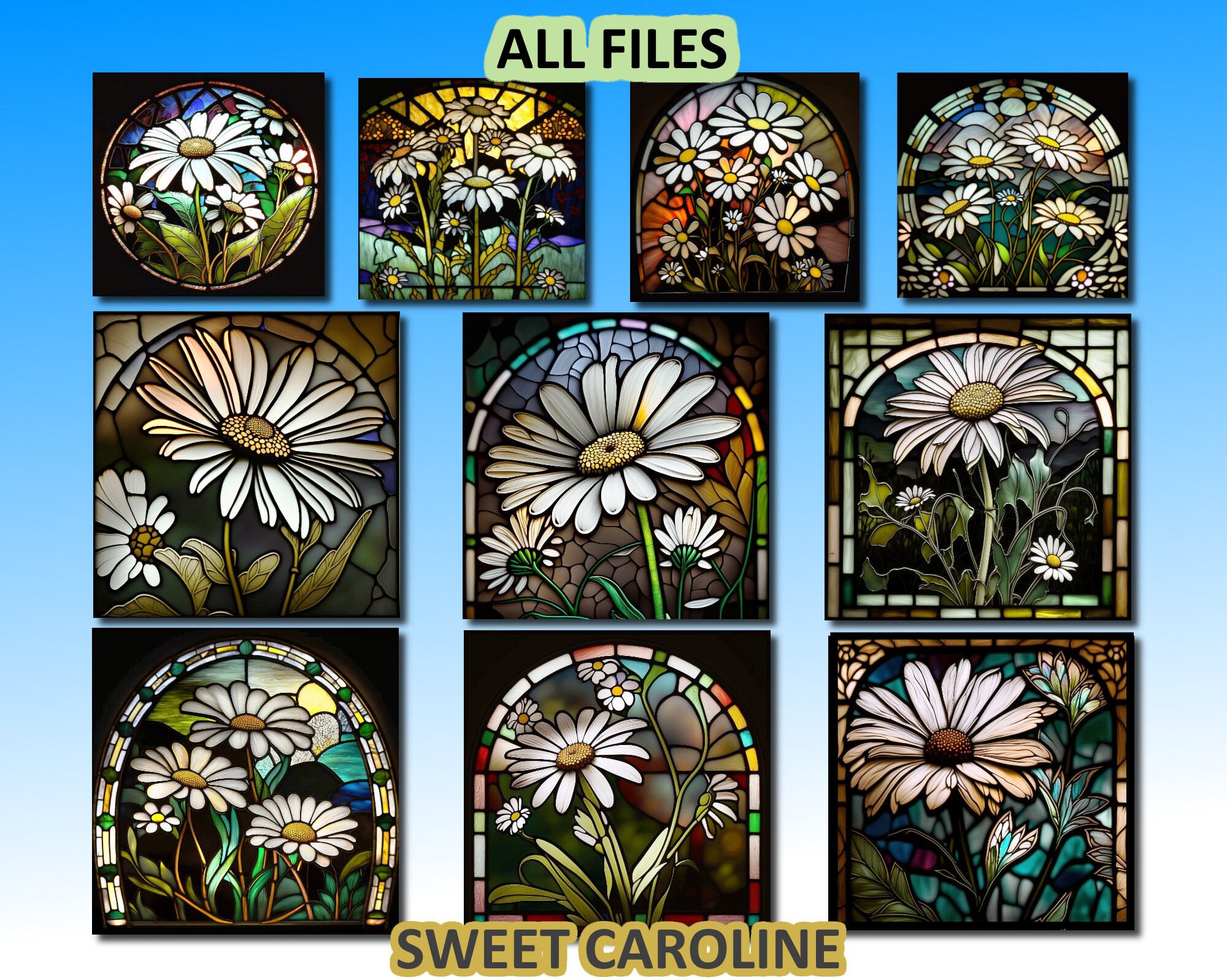 10 Colorful Daisy Stained Glass Patterns: Digital PNG Clip Art Bundle ...