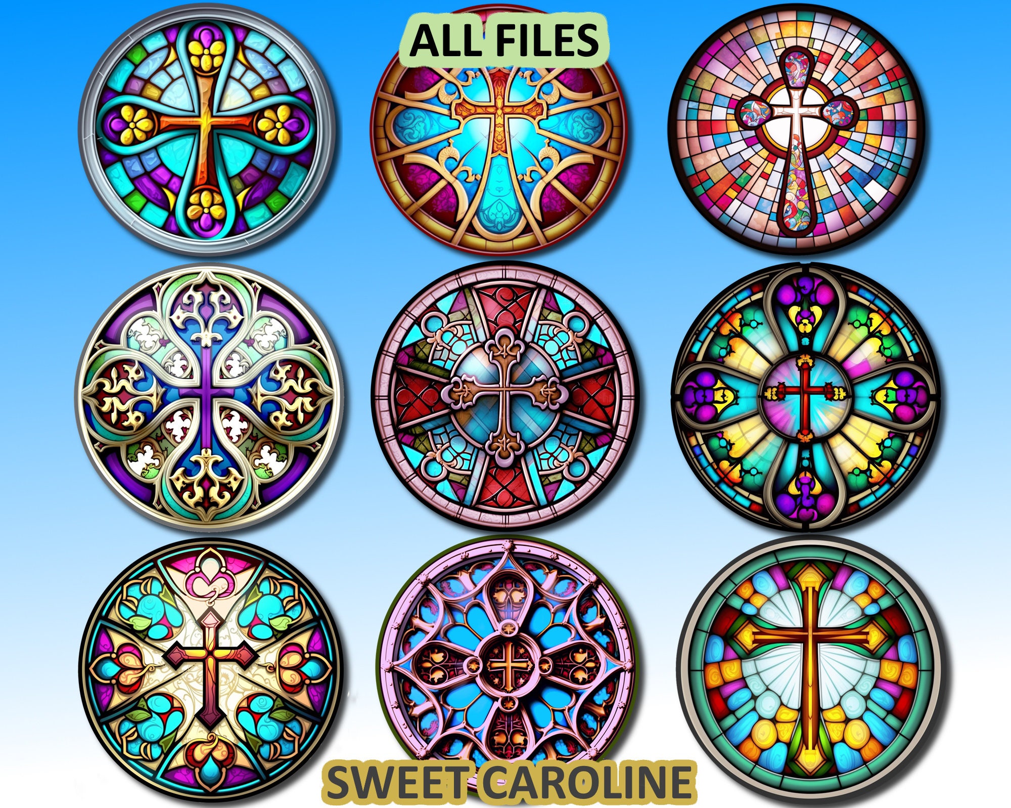 9 Crosses Stained Glass Pattern Sublimation Designs, Printable Digital ...