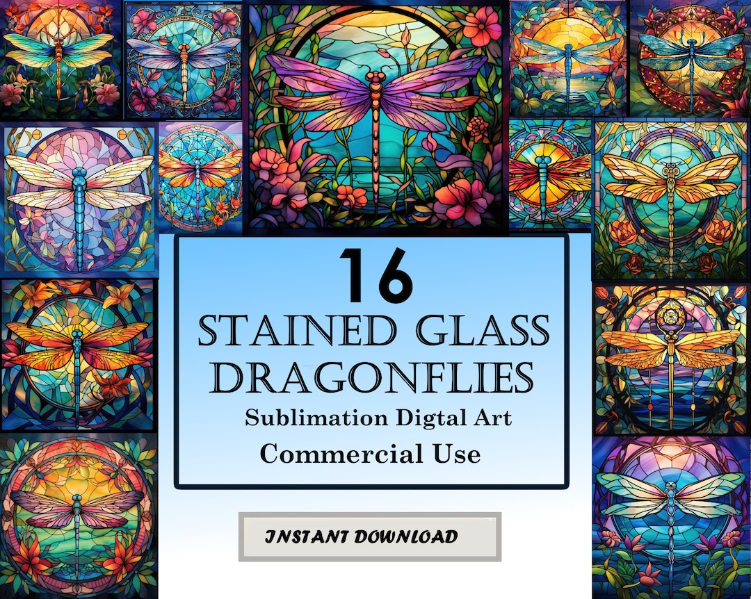 16 Stained Glass Dragonfly Patterns: Colorful Sublimation Art (digital ...