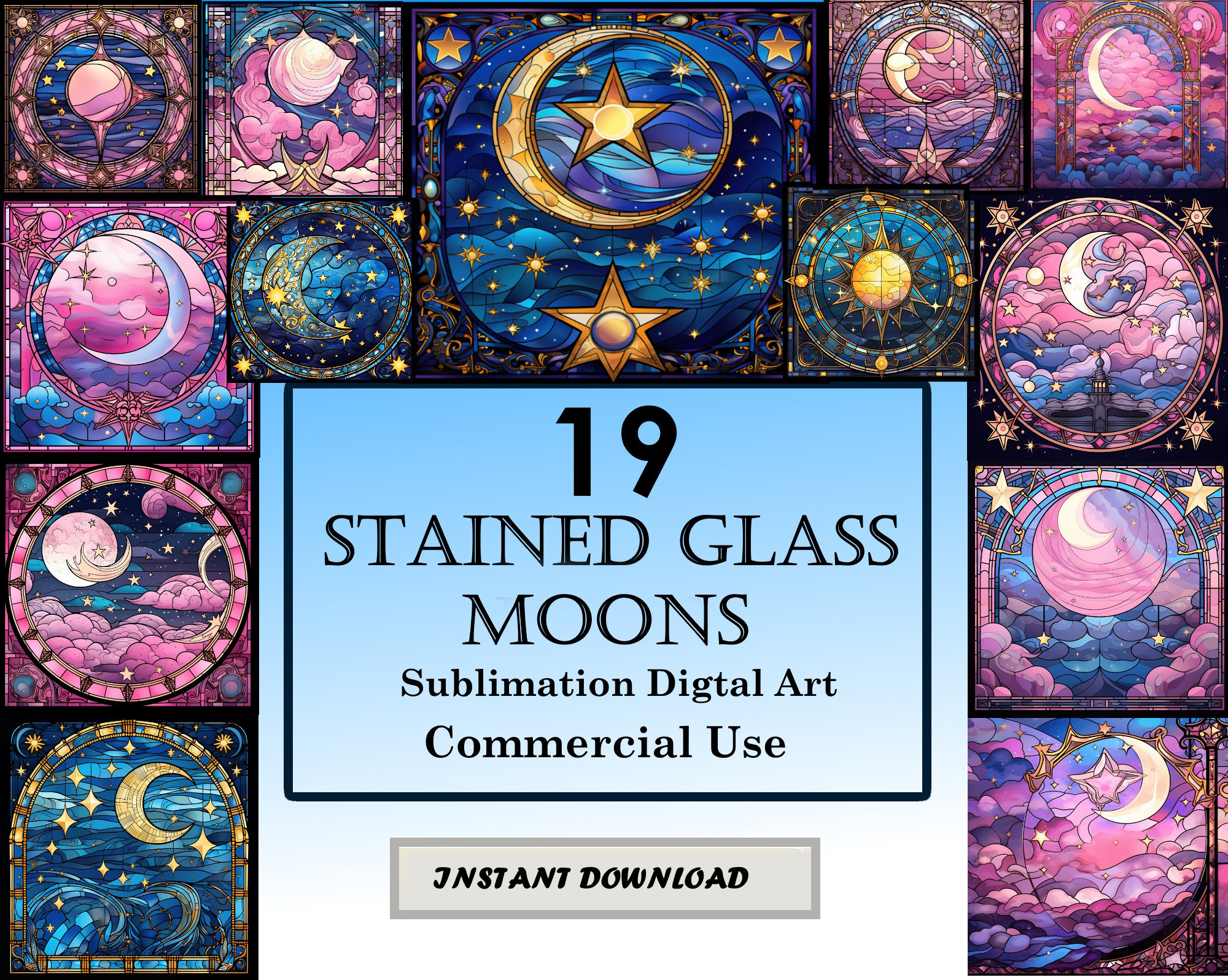 19 Celestial Moons Stained Glass Pattern Sublimation Design, Printable ...