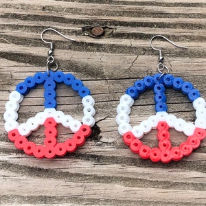 Red White and Blue Peace Sign Perler Bead Dangle Earrings - Etsy
