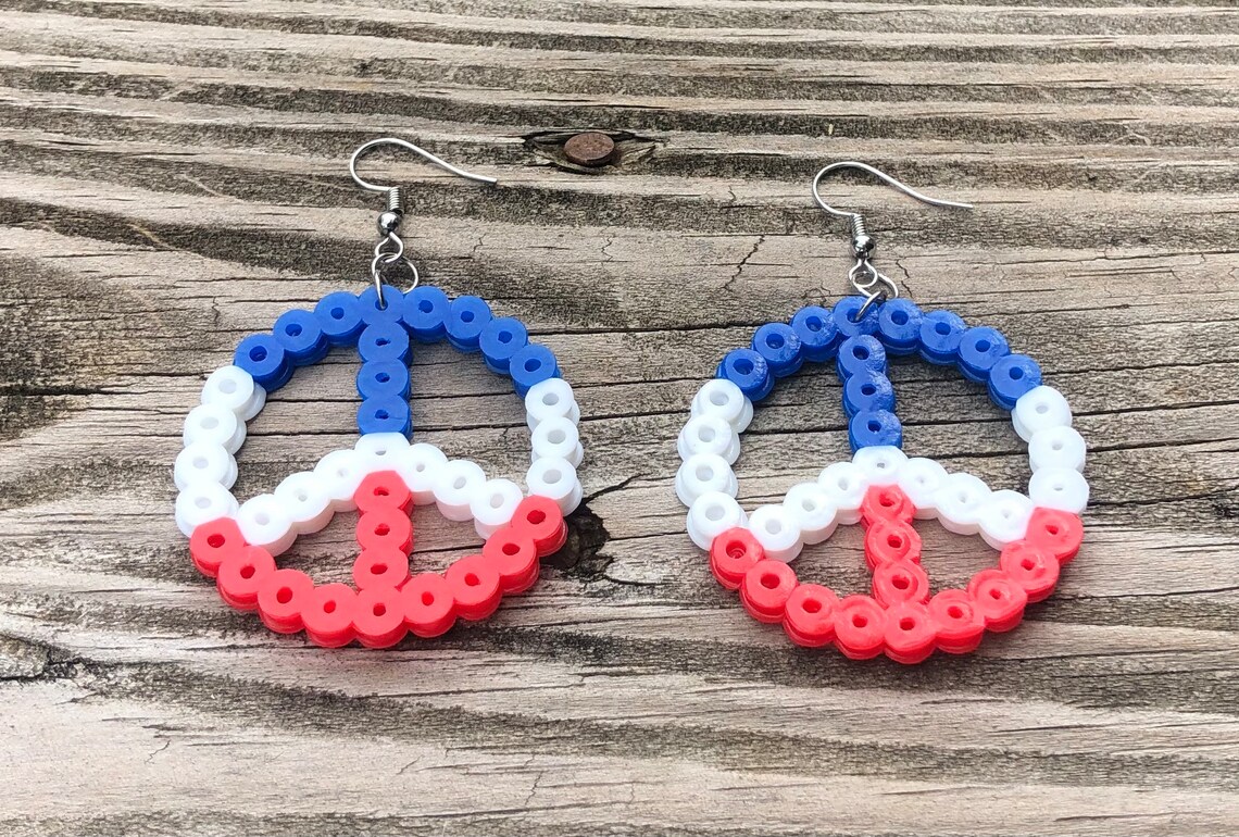 Red White and Blue Peace Sign Perler Bead Dangle Earrings - Etsy