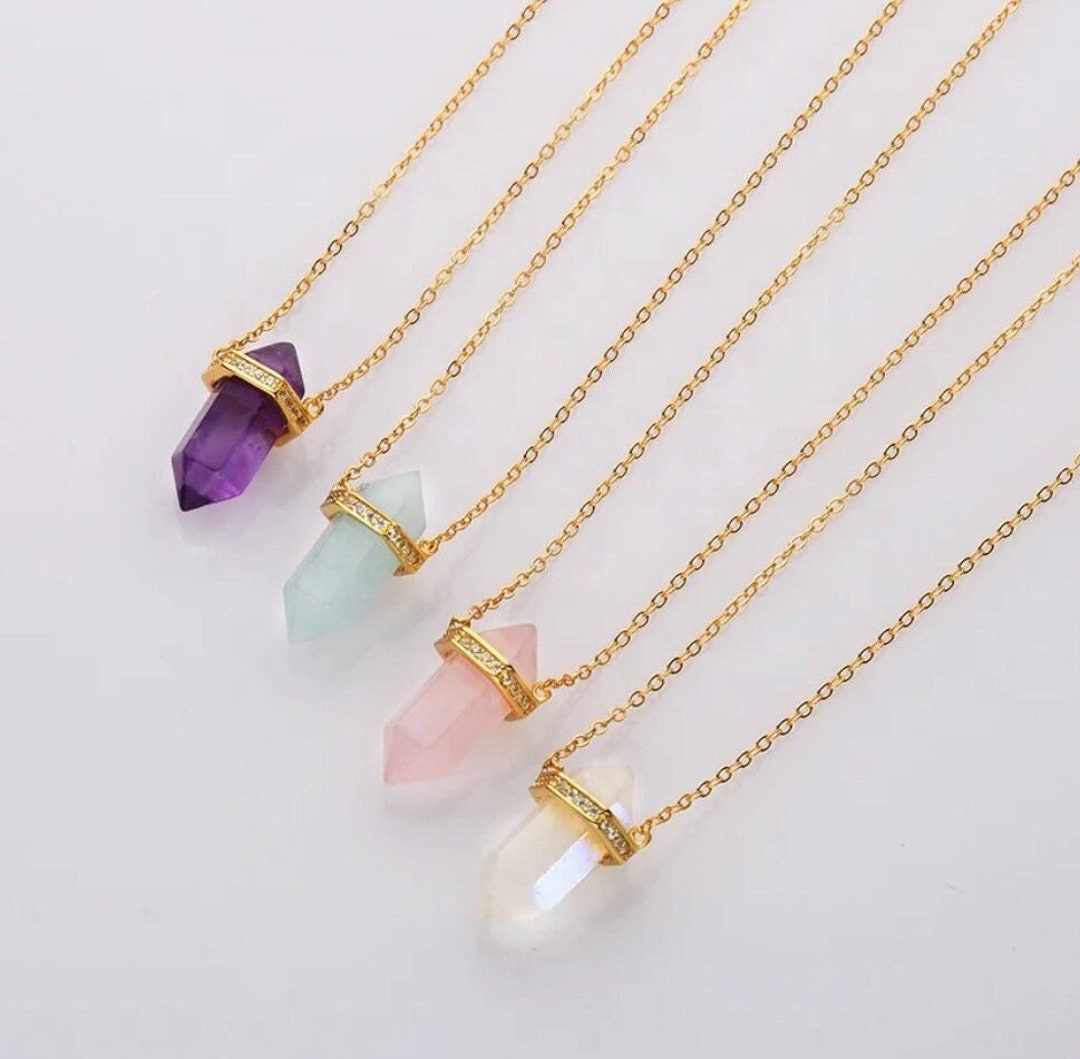 Crystal Hexagon Necklace Natural Stone Pendant Necklace Moonstone, Rose ...