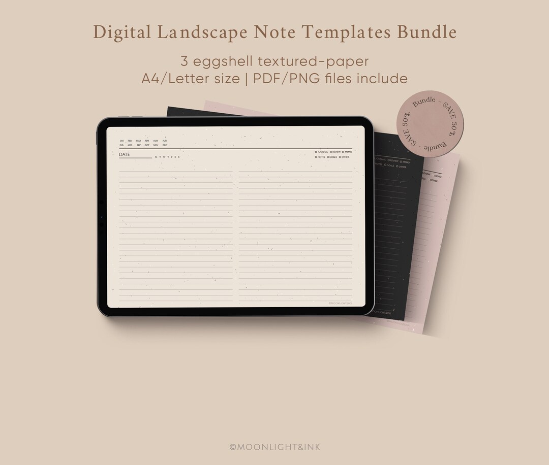 Digital Landscape Note Templates Bundle in Textured Paper, Lined Grid ...