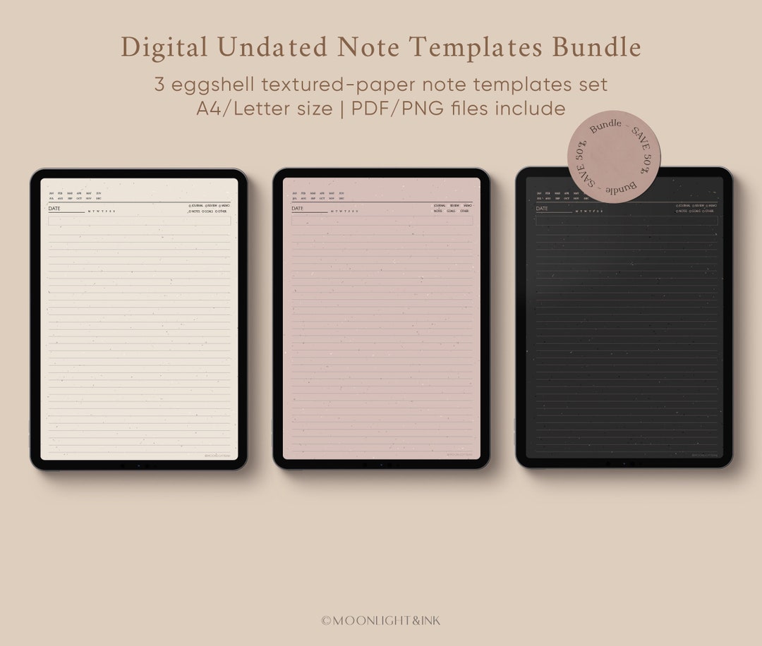 Digital Undated Note Templates Bundle in Textured Paper, Lined Grid ...