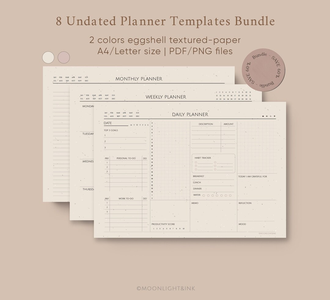 Digital Undated Planner Templates Bundle in Textured Paper, Beautiful ...