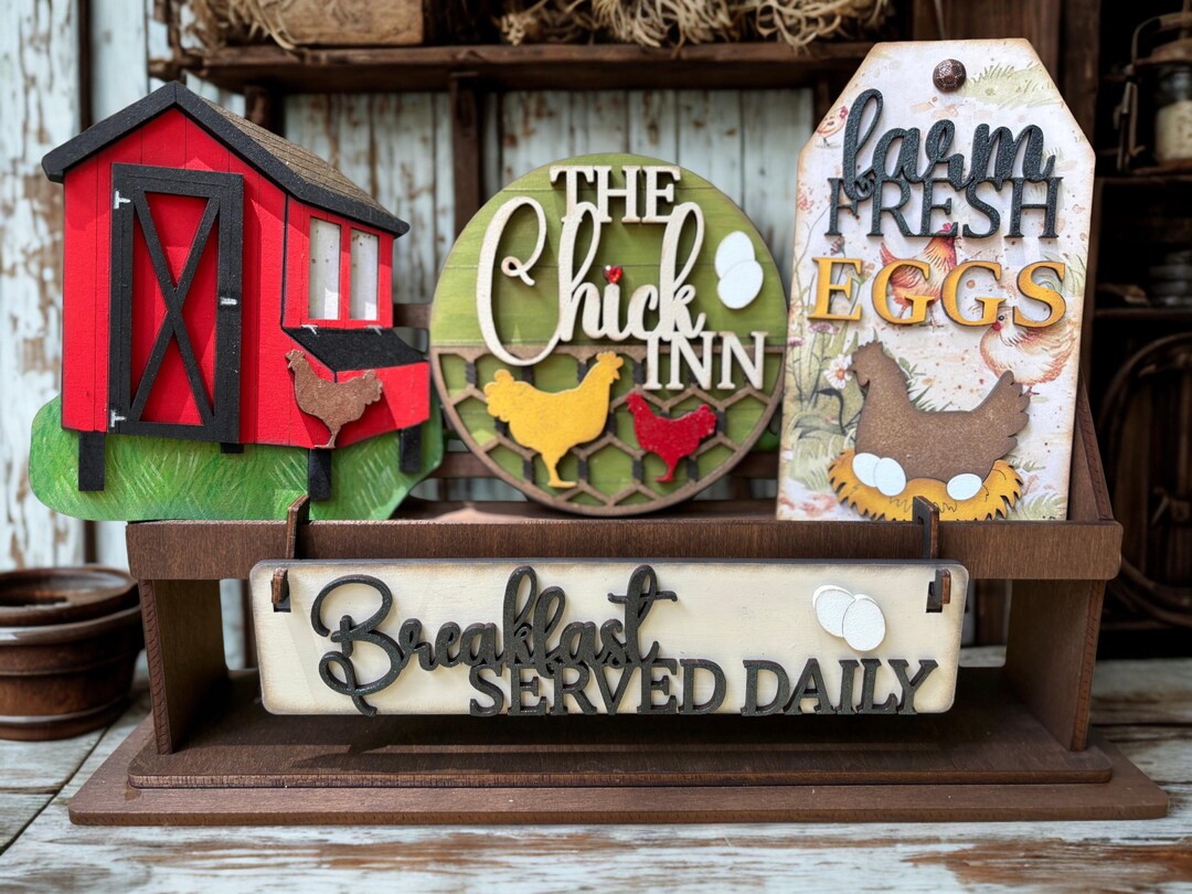 Farm Fresh Eggs Wood Decor Set: Rustic Chicken Coop Tiered Tray Sitter ...