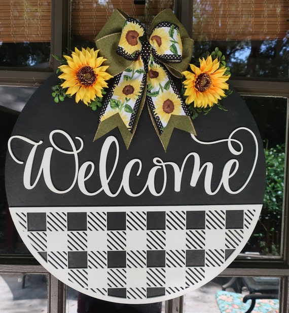 Sunflower Welcome 18 Round Wood Round Front Door Decor - Etsy