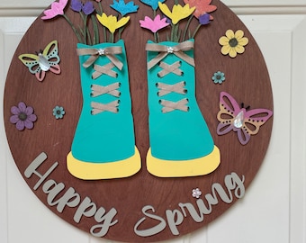 Hello Spring Wooden Door Hanger – Hand-painted Spring Decor With Rain ...