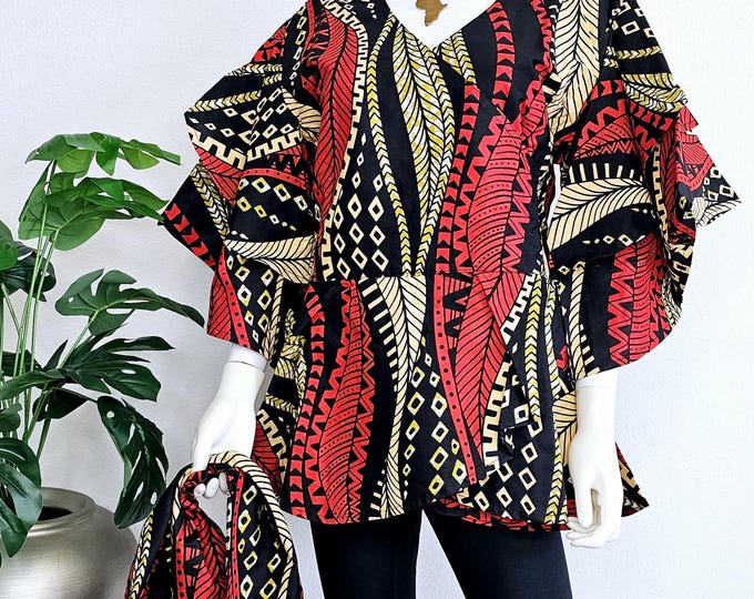 African Print Ankara Kitenge Belted Wrap Kimono Blouse Top With Ruffle ...