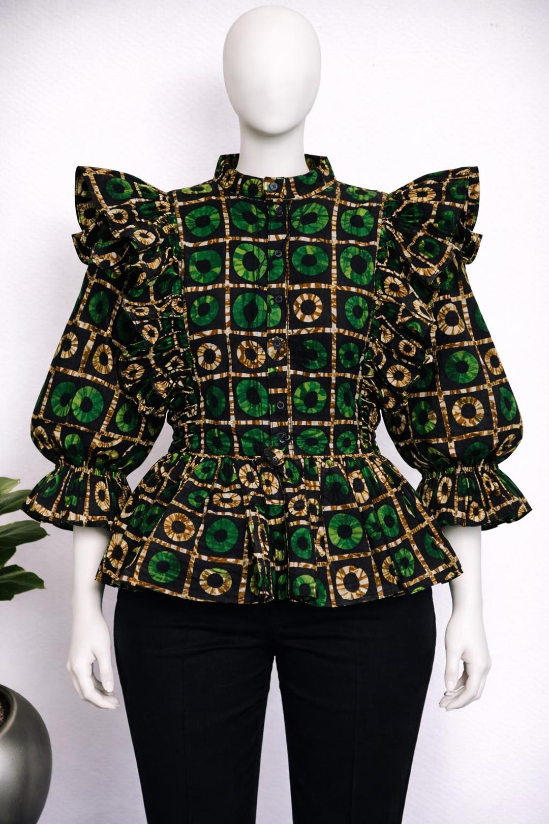 African Print Ankara Kitenge Kimono Blouse Top With Ruffle Bell Sleeves ...