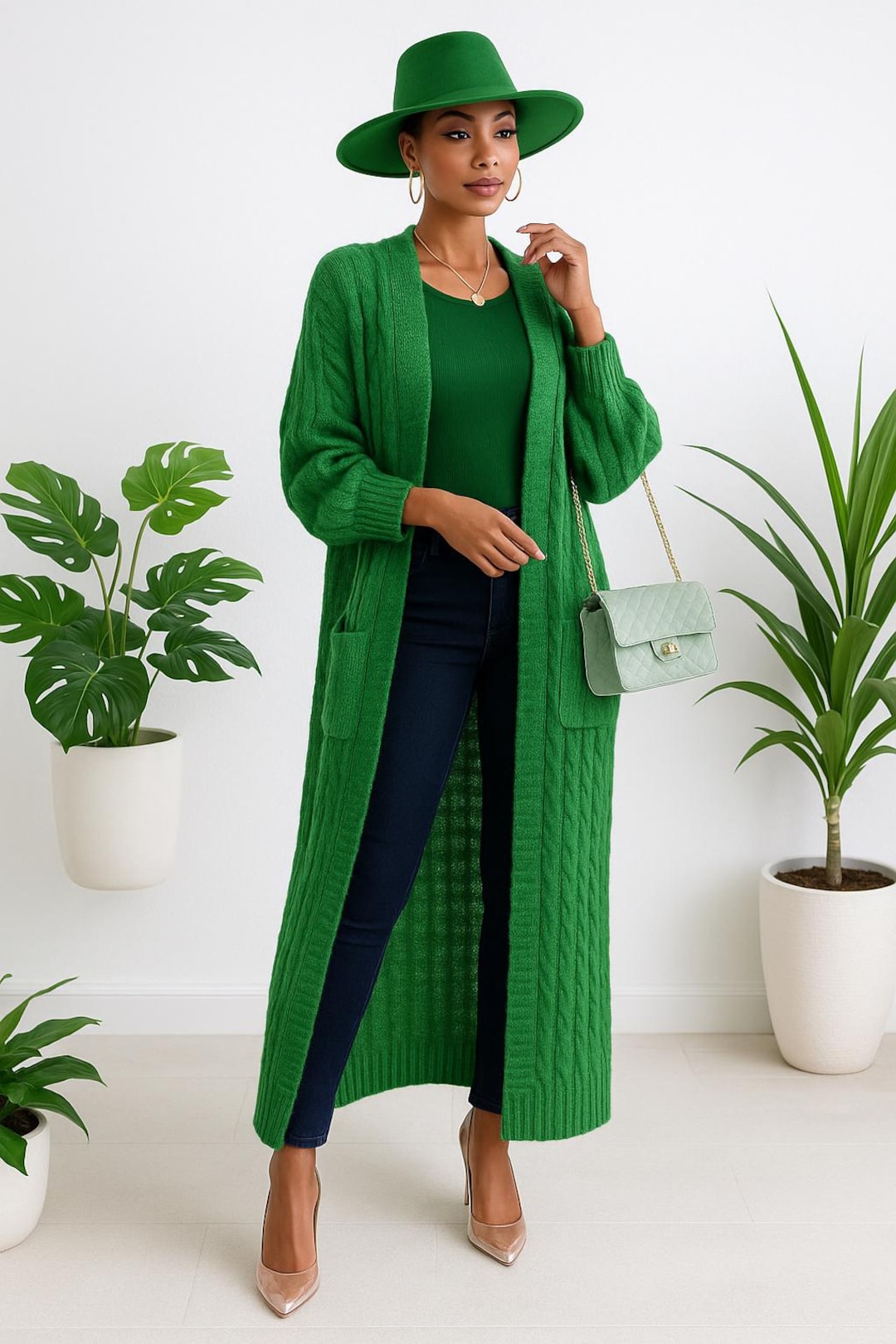 Long Green Knit Duster Cardigan for Women | Oversized Boho Sweater Coat ...