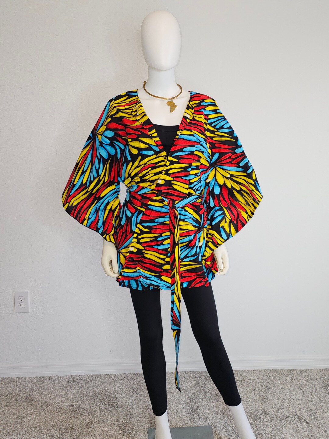 African Print Ankara Kitenge Belted Wrap Kimono Blouse Top - Fits up to ...
